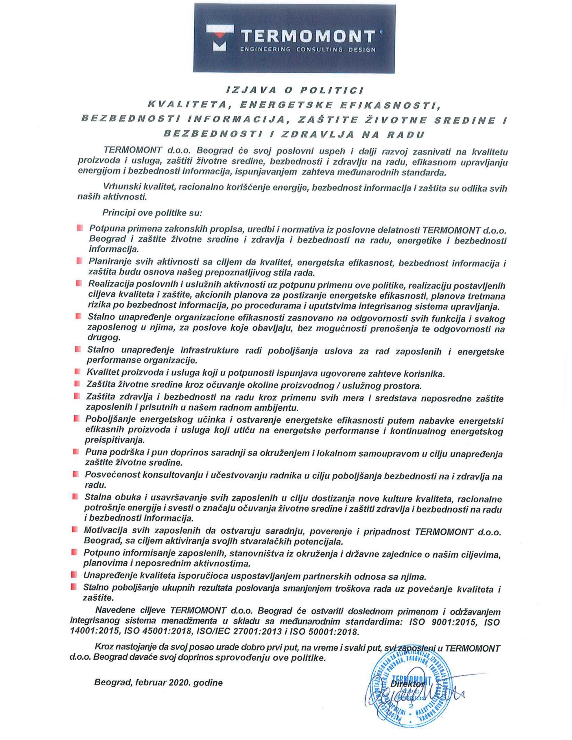 Izjava o politici kvaliteta - Termomont